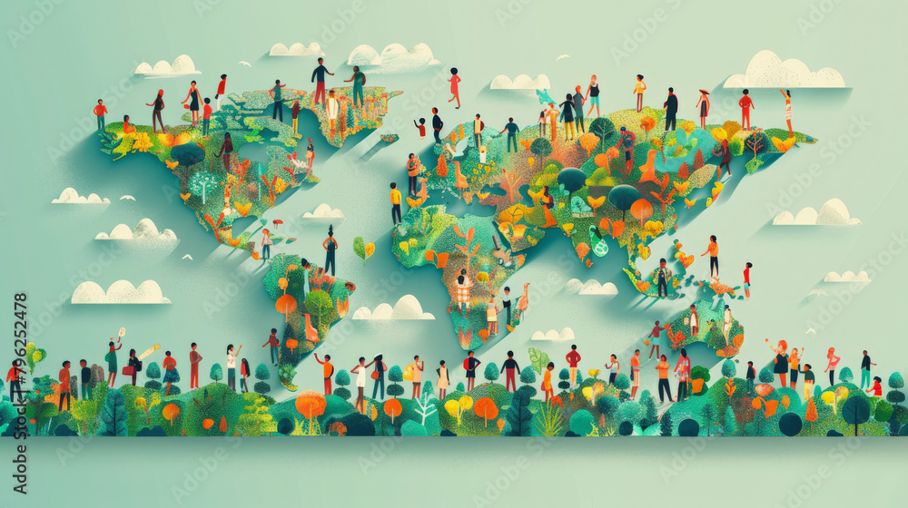 Illustrative world map with diverse people engaged in various ...