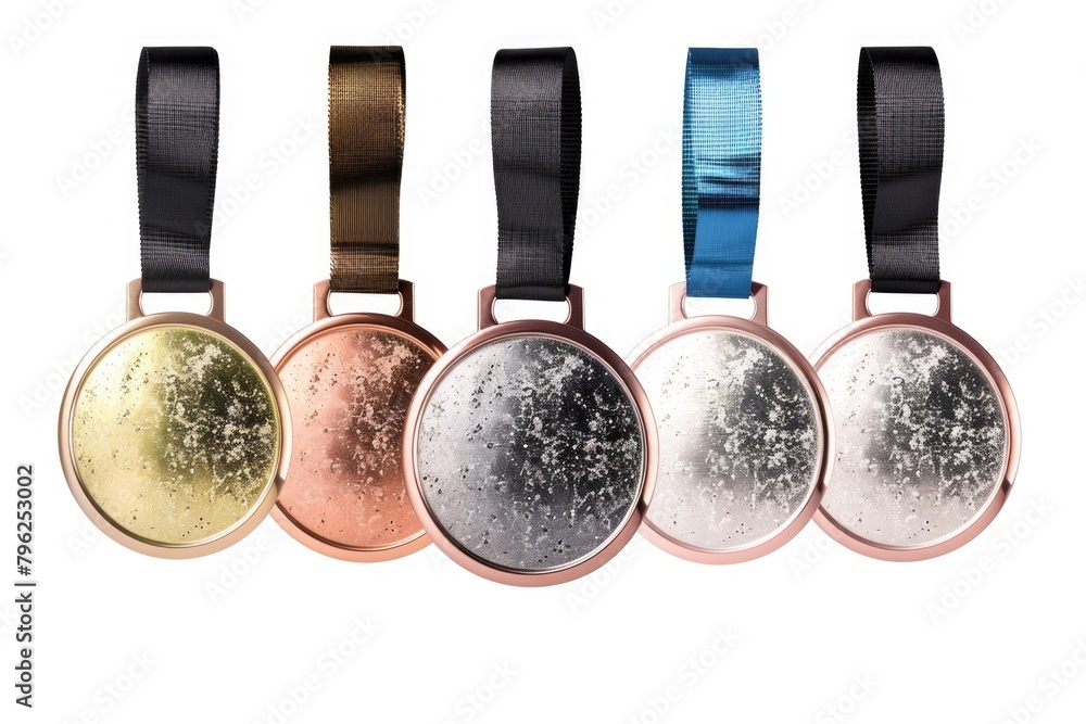 Row of shiny medals with ribbons, perfect for awards and achievements ...