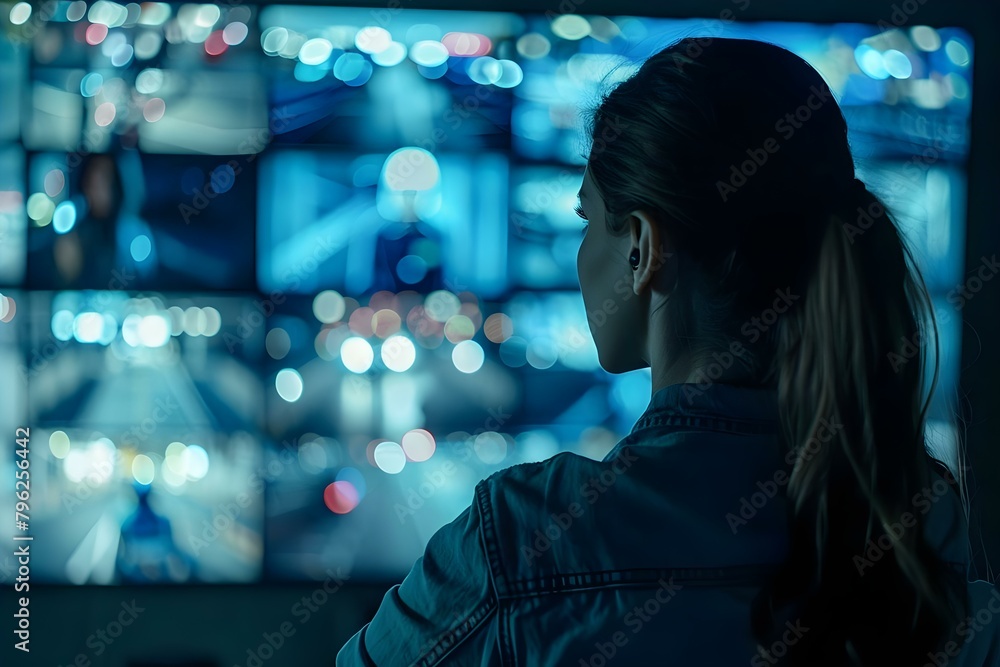 Female security guard keeps watch on surveillance cameras during ...
