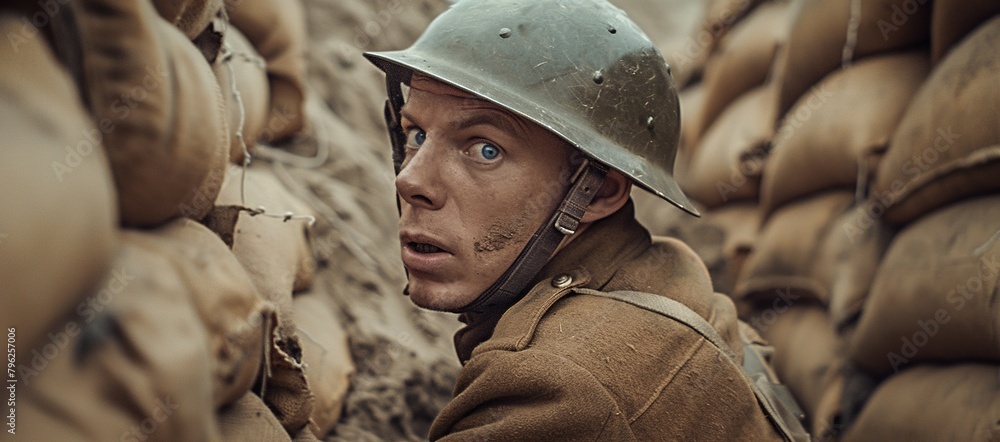 British soldier in WWI trench, wearing brown uniform and helmet, with ...