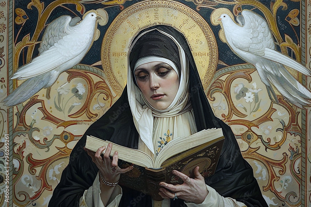 Saint Teresa of Avila holding an open Bible. AI generative. Stock Photo ...