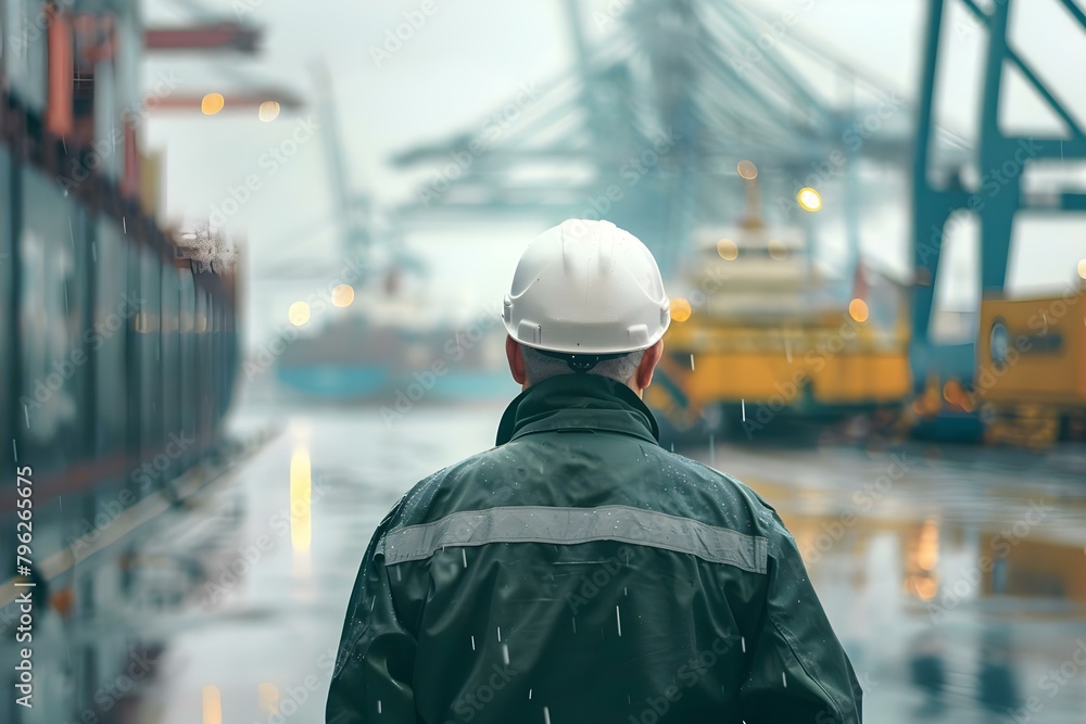 Male worker in hard hat seen from behind at cargo port. Concept Cargo ...