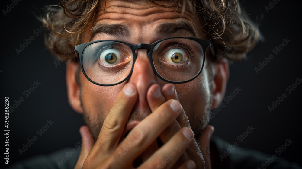 A man with glasses is making a funny face and covering his mouth. a ...