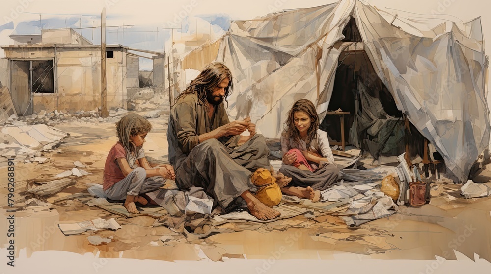 An impoverished family lives in temporary shelter on street. South ...