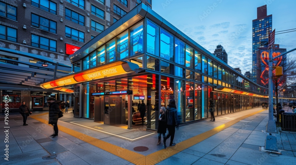 The exterior of a modern subway station, its sleek architecture and ...