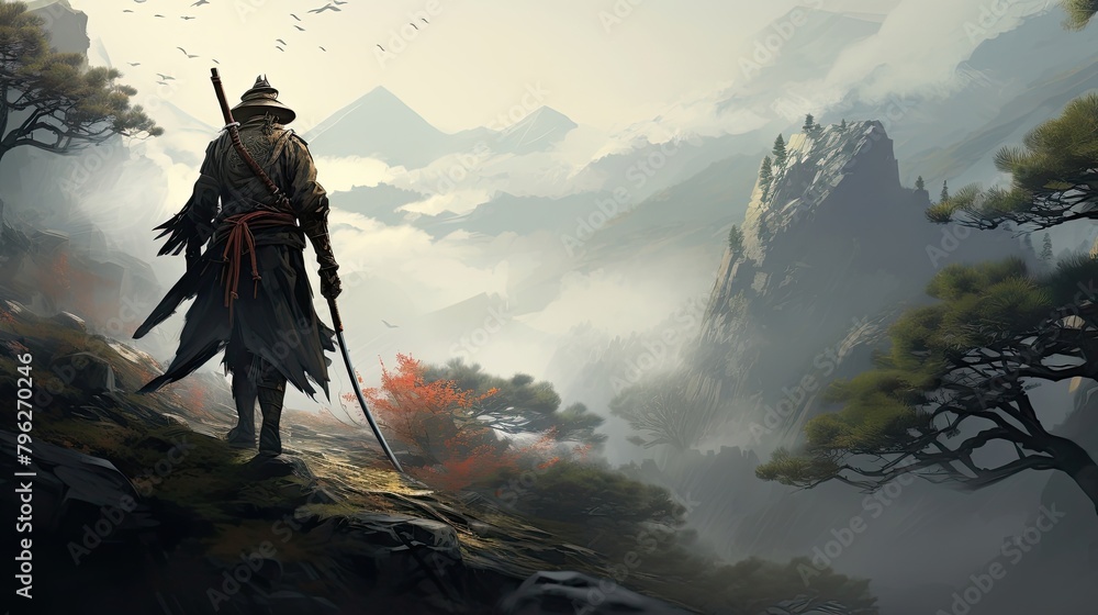 Ronin warrior wandering a rugged mountain path. Japanese aesthetics ...