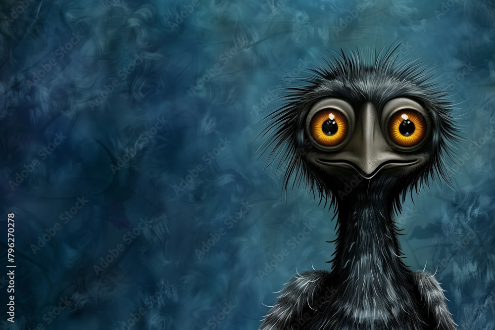 A cartoon bird with big eyes and a messy mane is staring at the camera ...