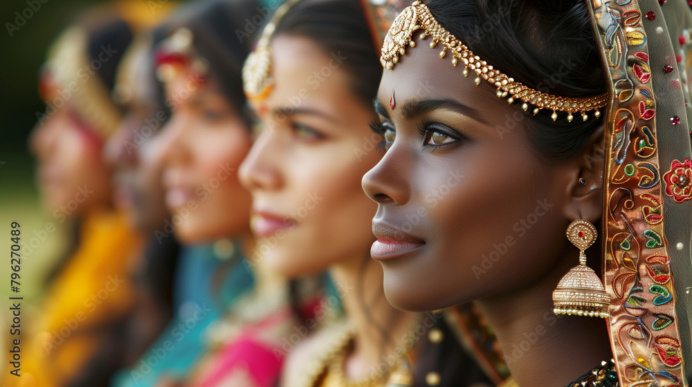row of women of different races in national costumes. Focus on the ...