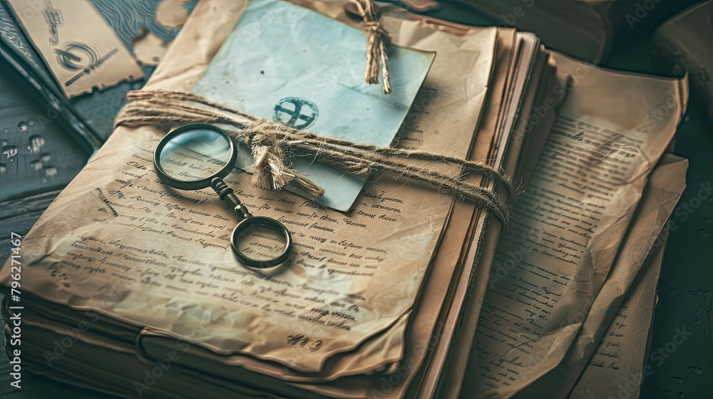 Top-secret dossier with classified information. Ancient manuscripts ...