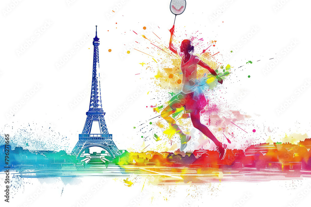 Colorful watercolor paint of badminton player hit shuttlecock by eiffel ...