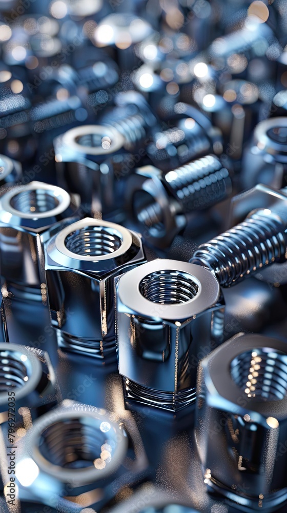 Industrial design of hexagonal bolts and nuts magnified in a mechanical ...