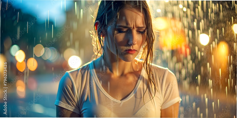 Woman standing in the middle of the city at night sad, raining, neon ...