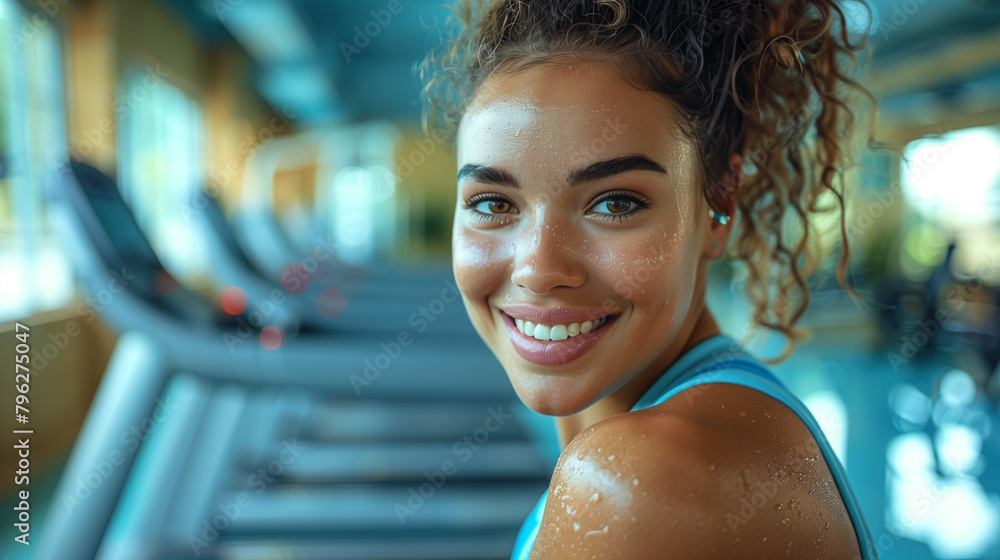 Happy confident overweight woman in blue fitness clothes on trainer ...
