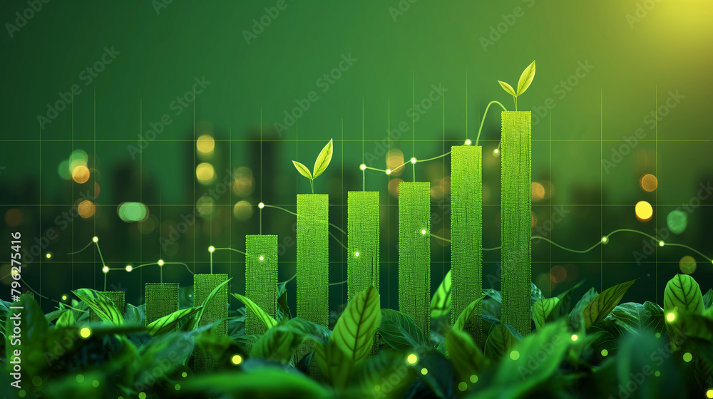 Urban Sustainable Green Growth. Concept showing rising city skyline bar ...