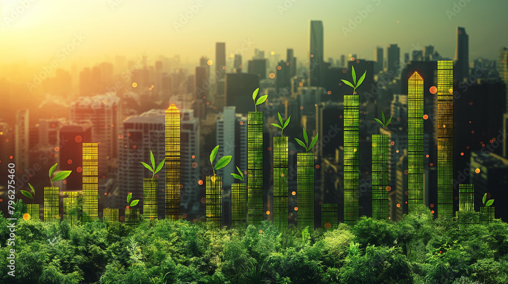 Urban Sustainable Green Growth. Concept showing rising city skyline bar ...