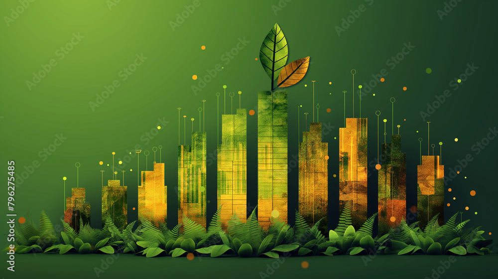 Urban Sustainable Green Growth. Concept showing rising city skyline bar ...