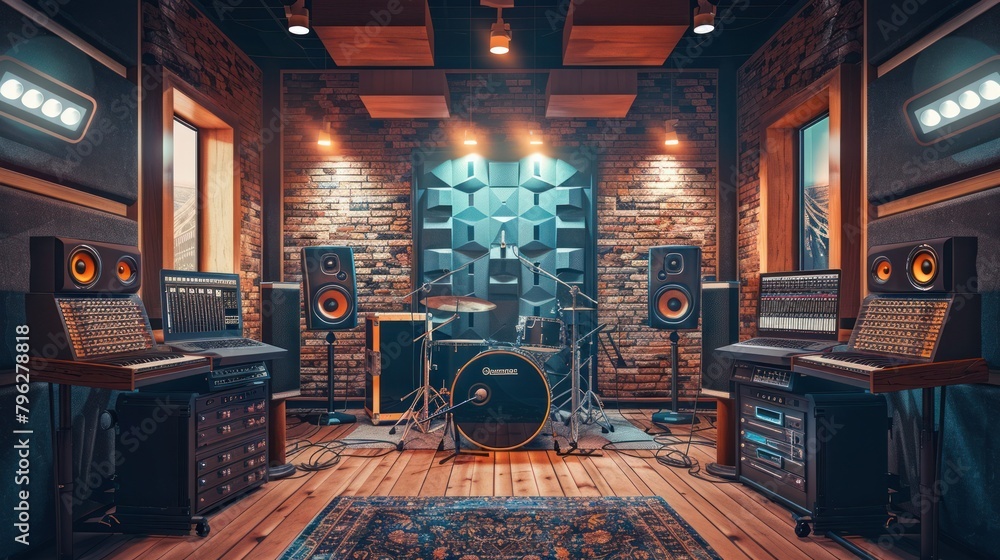 modern recording studio with high-end microphones, soundproofing panels ...