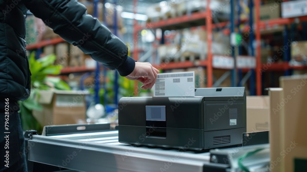 person using a custom-branded shipping label printer, highlighting its ...