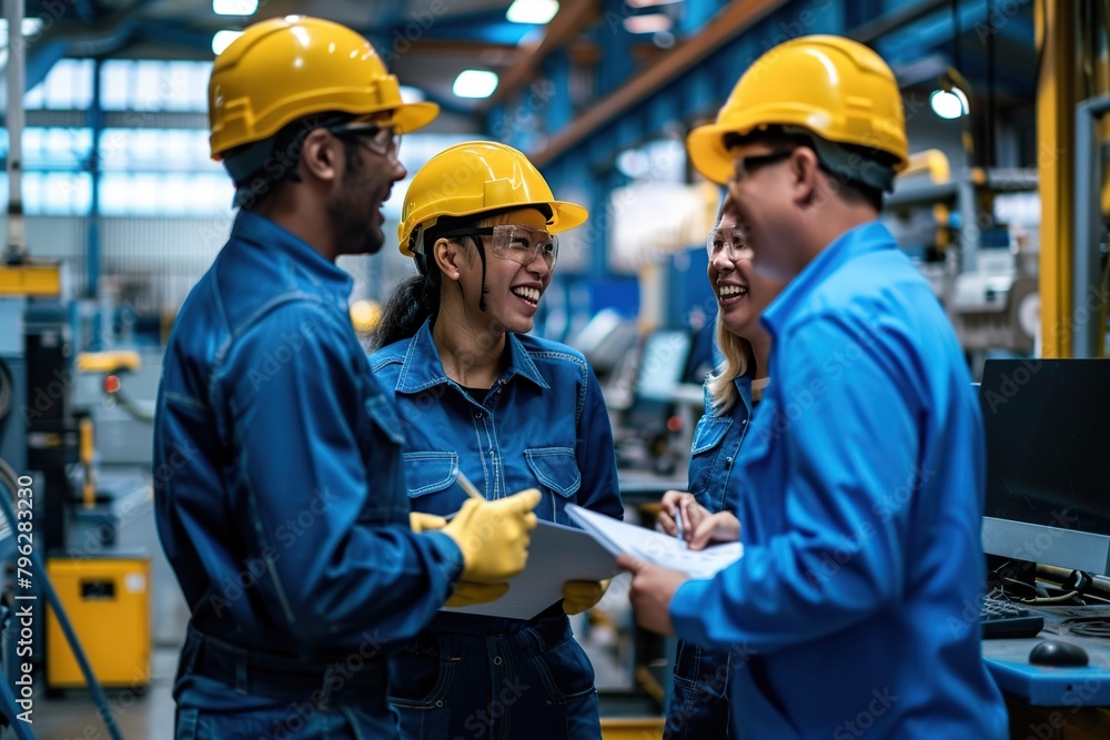 Factory workers standing in groups laughing while talking to each other ...