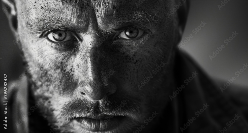 Against a stark backdrop an actor stares straight into the camera with ...