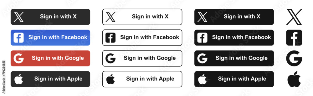 Sign in with Twitter X, Google, Facebook, Apple, Button Set Icons. Ui ...