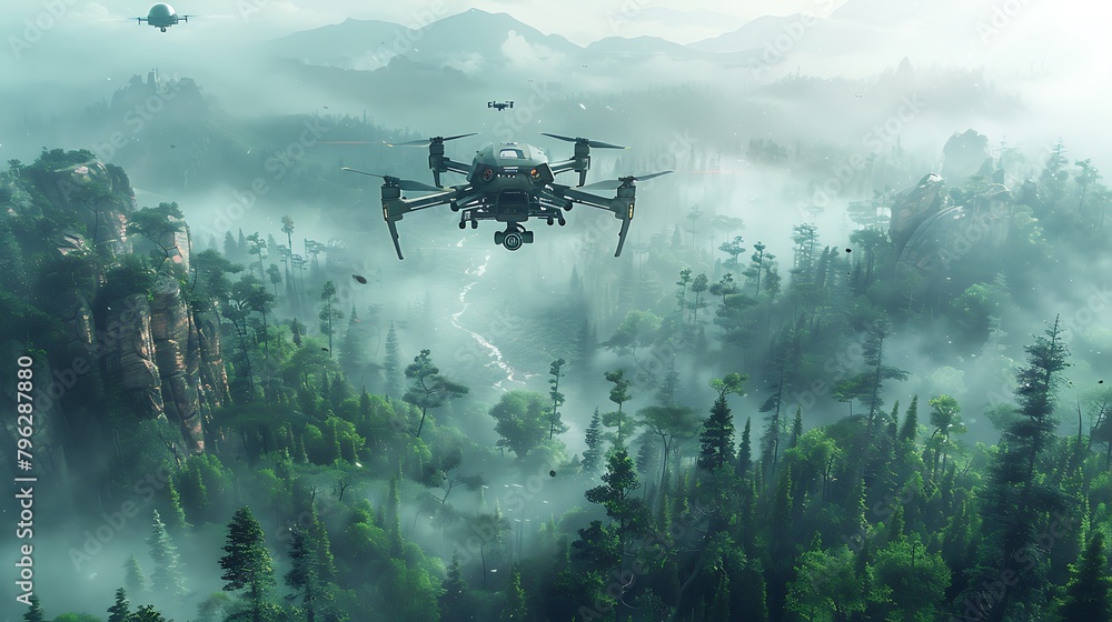 Design a digital visualization that shows a network of drones flying ...