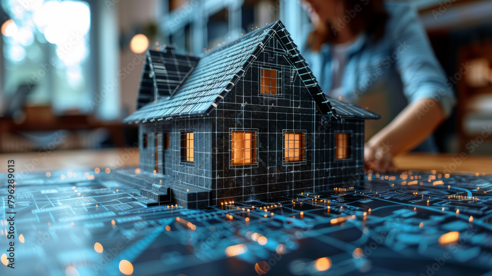Hologram. Engineer designs building structure on blueprint consisting ...