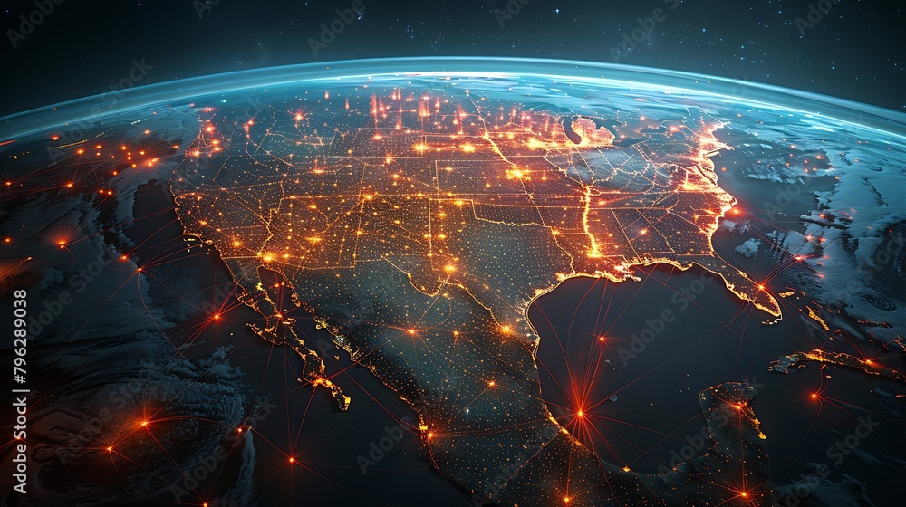 Illustrate an aerial view of a global network system from space looking ...
