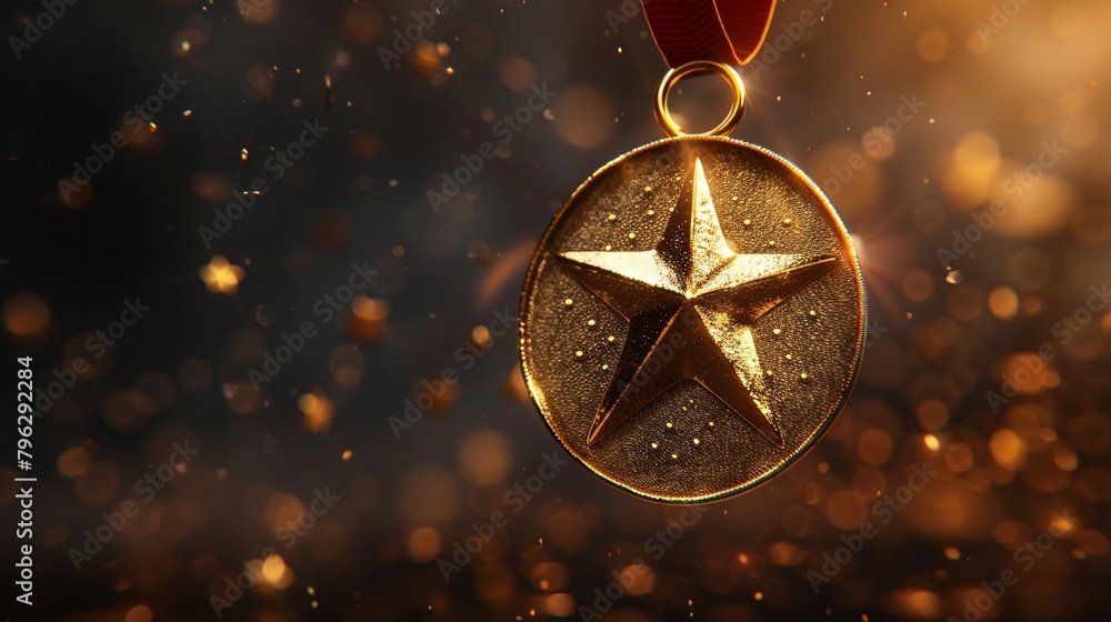 An animated depiction of a gold medal adorned with a star on a ribbon ...