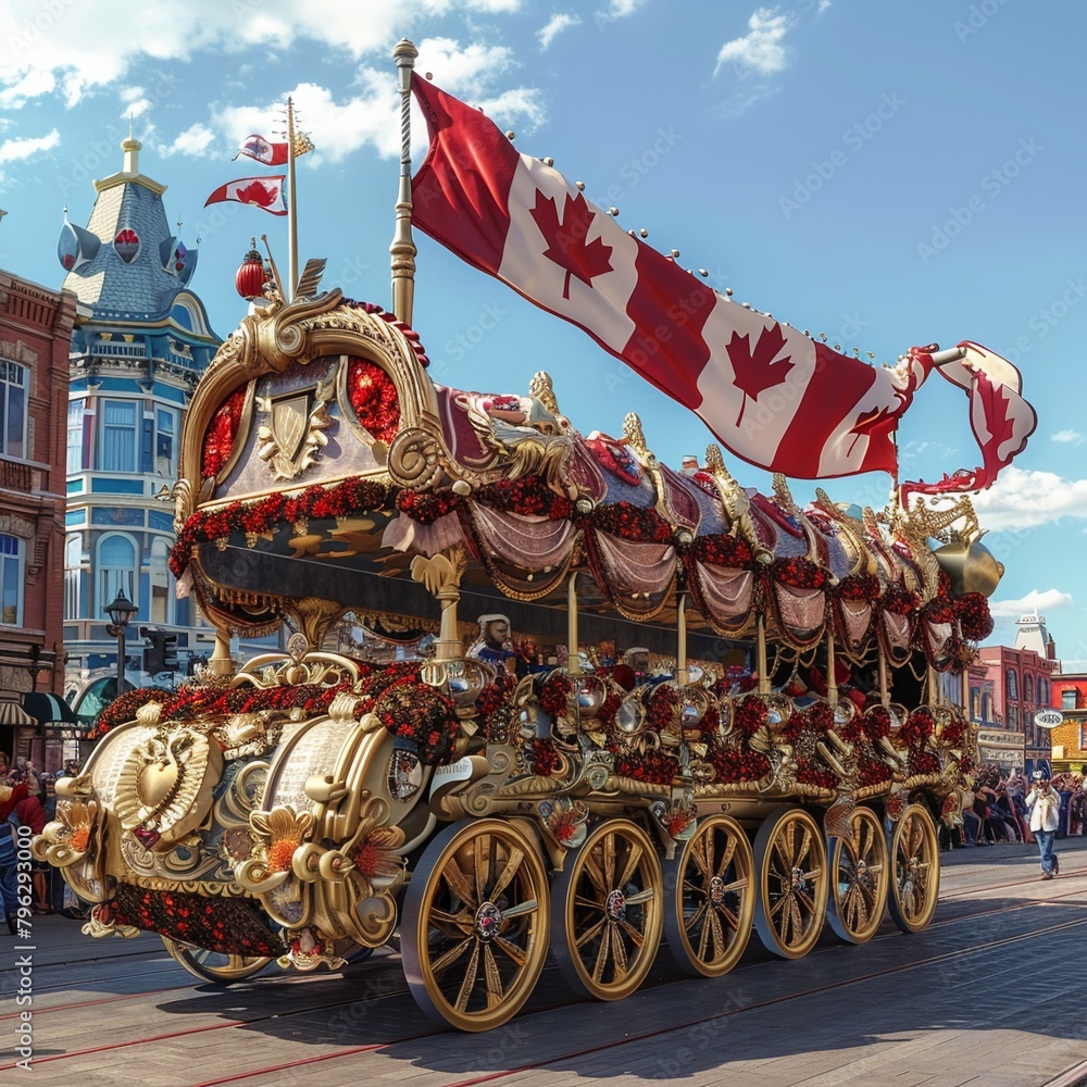 Illustrate a luxurious parade float, featuring a majestic nations flag ...