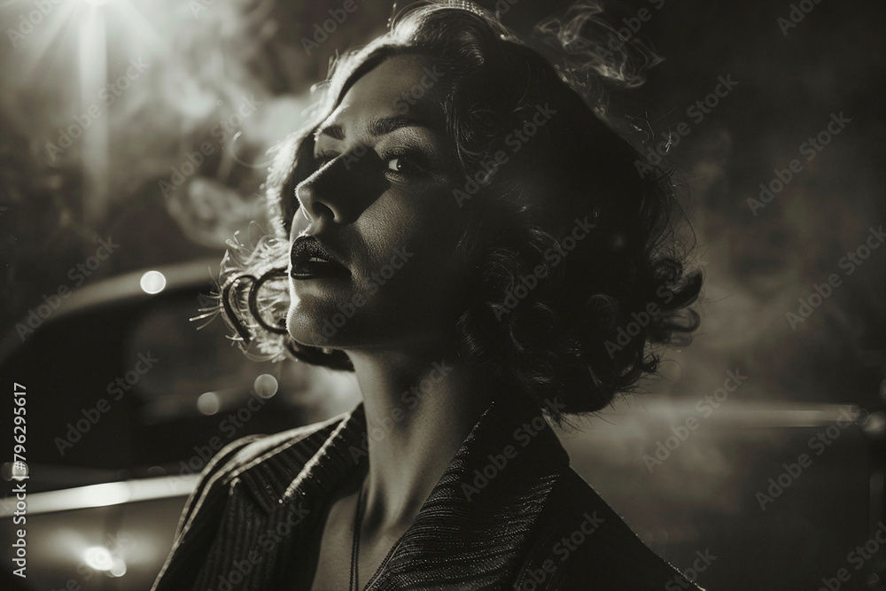 Portrait of beautiful young femme fatale woman in cinematic film black ...