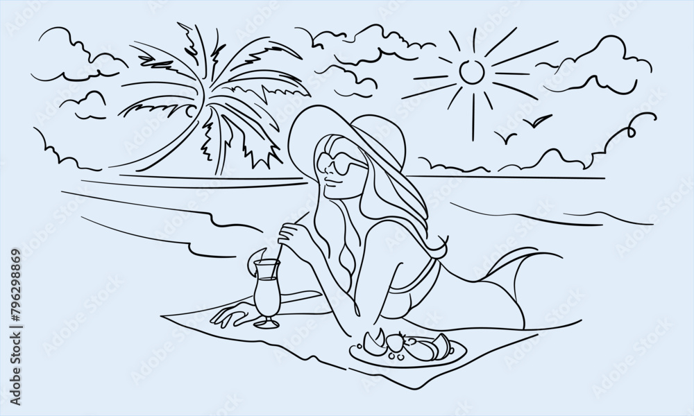 Girl sunbathes on the beach line art isolated on blue background ...