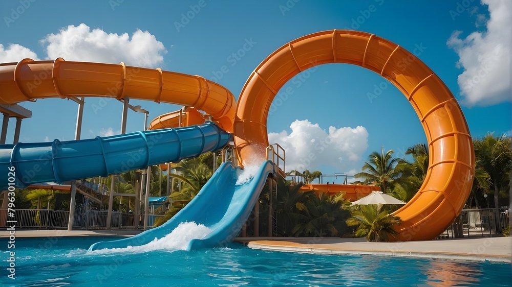 Water slide background banner featuring an orange aqua park slide that ...