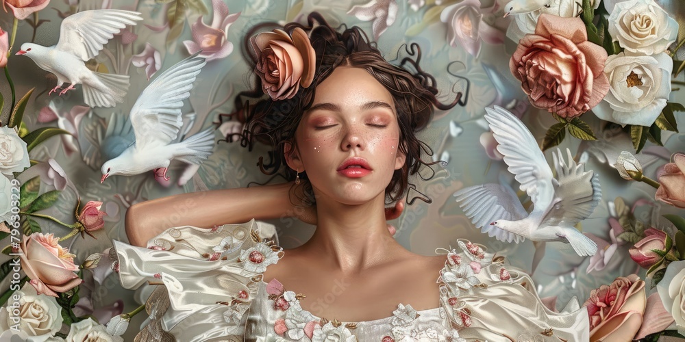 With wings of light and birds in flight, an angelic woman graces the ...