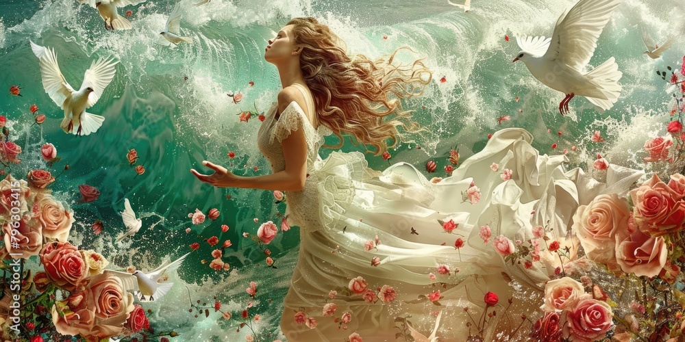 With wings of light and birds in flight, an angelic woman graces the ...