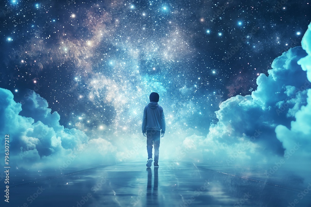 Journey to the Future: Young Man Walking from Present World to Future ...