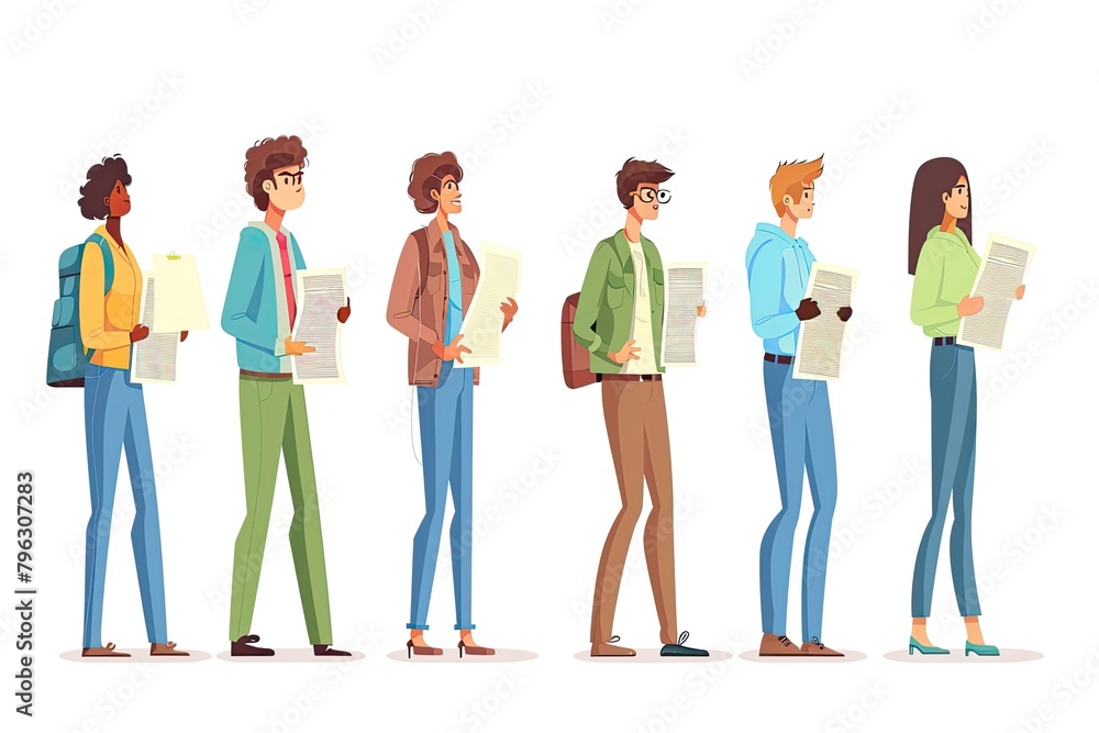 Cartoon Illustration Job seekers complete the necessary paperwork and ...