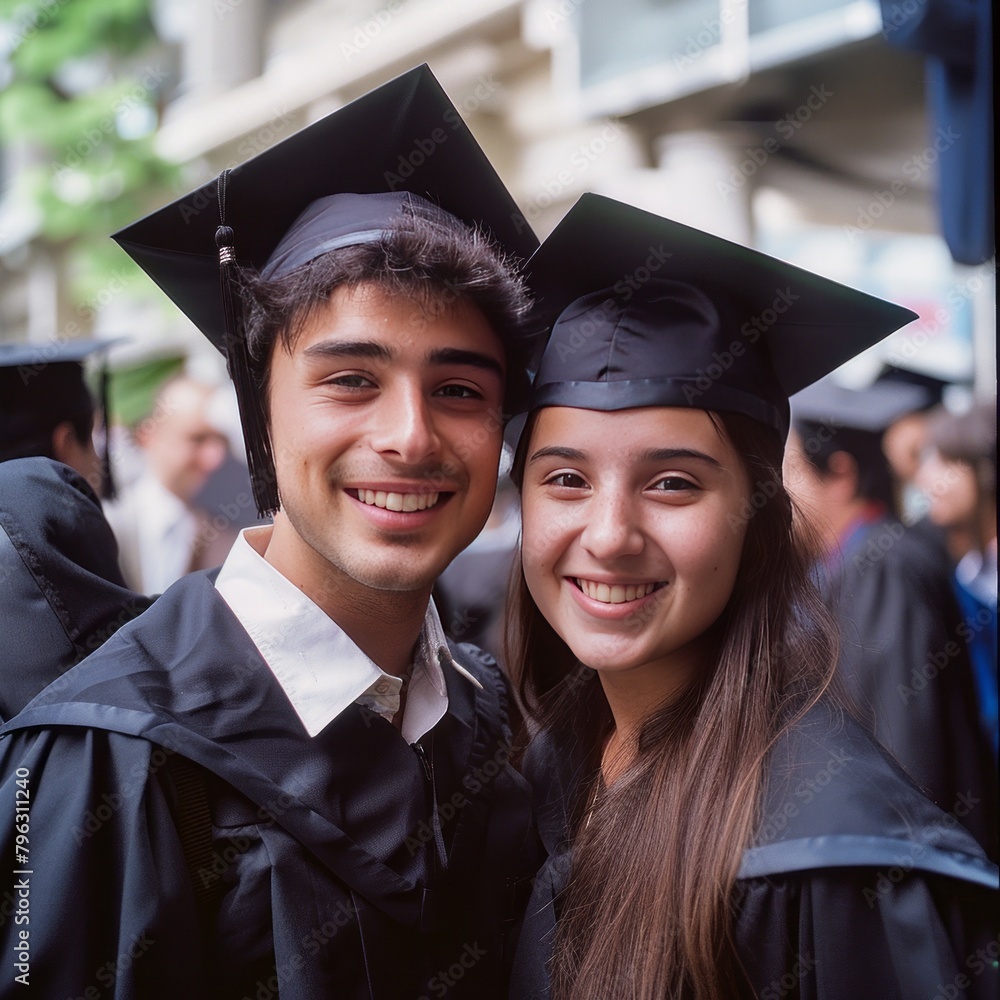 a photograph of a handsome boy and a beautiful girl, both graduates ...