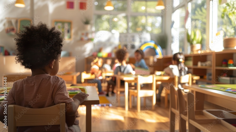 a photo of a multiracial Montessori classroom, depicting a realistic ...