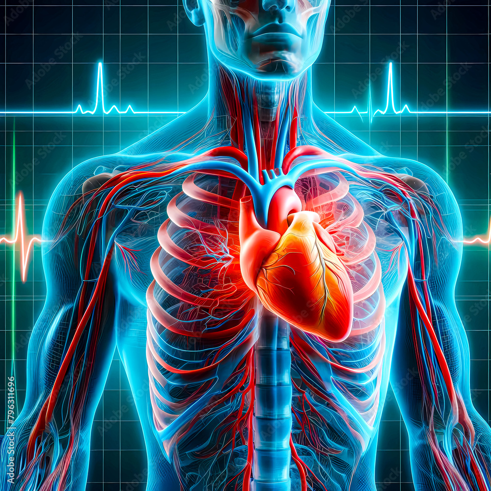 Illustration of human heart anatomy with veins and aorta and capillary ...