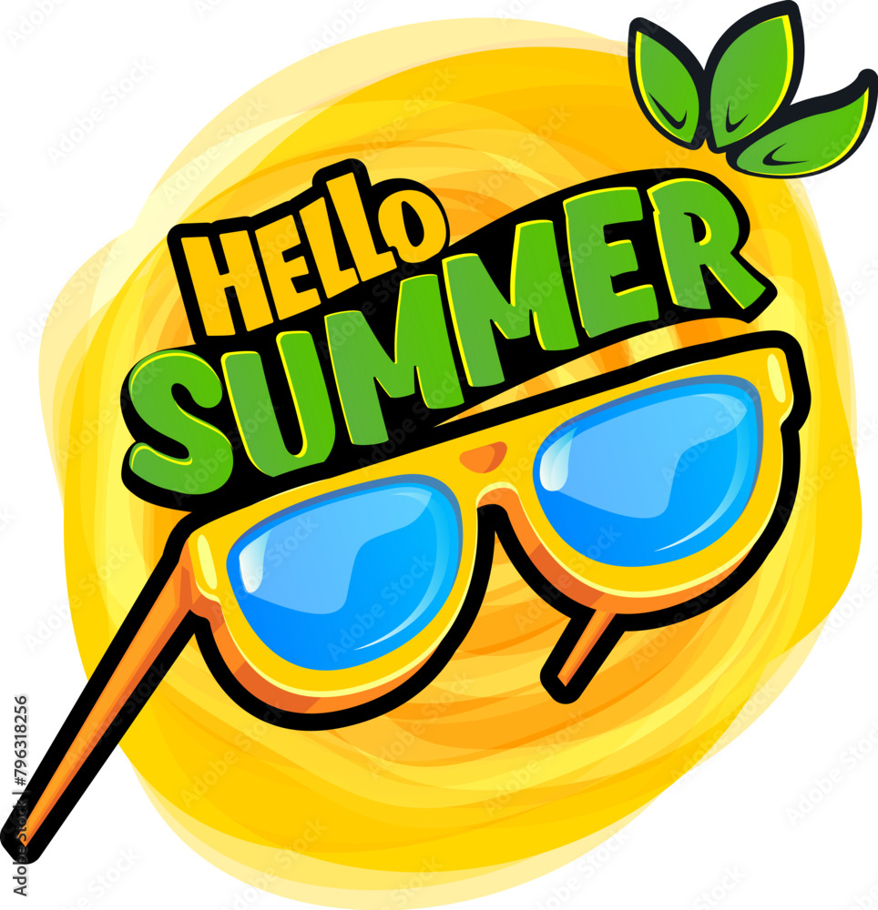 Comic Hello summer vector logo with text and vintage retro yellow ...