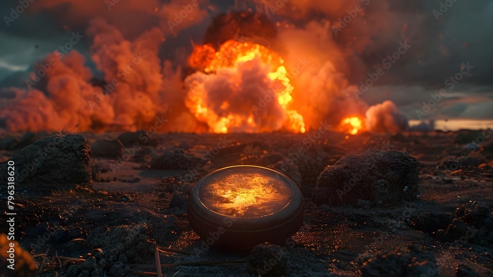 Isolated emergency stop button in desert with ominous nuclear explosion ...