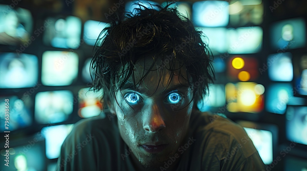 technology addiction, A person who has A screen addict is overwhelmed ...