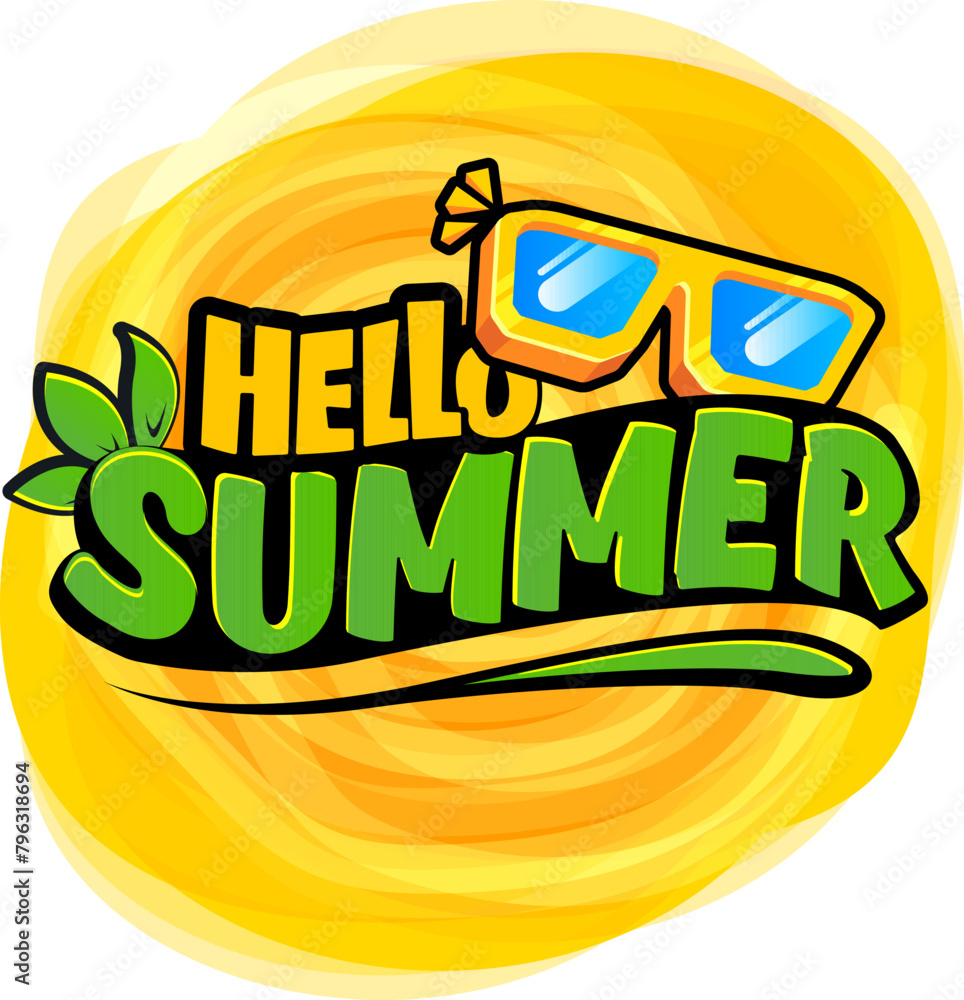 Comic Hello summer vector logo with text and vintage retro yellow ...