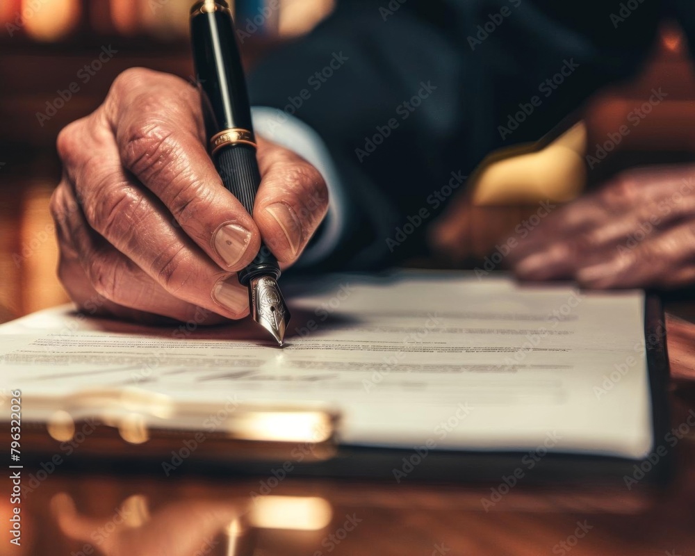 Closeup of a hand signing a crucial contract with an elegant fountain ...