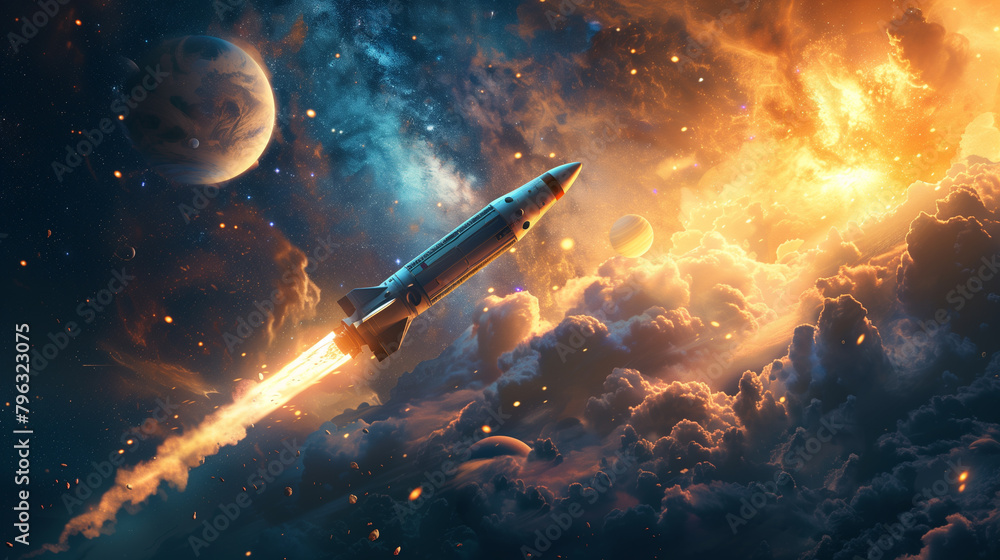 Rocket ship blasting off into a star-filled sky with planets and comets ...