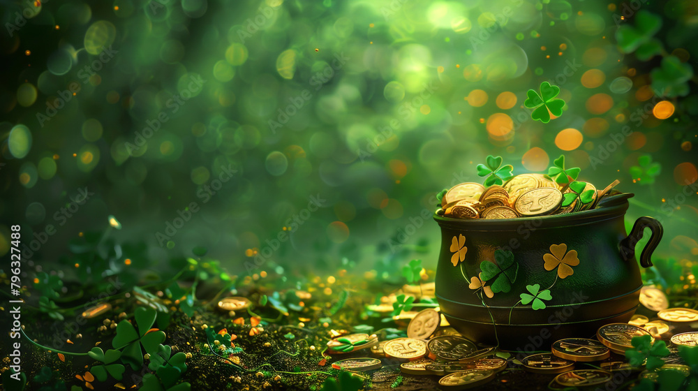 St. Patrick's Day-themed background featuring a pot of gold coins and ...