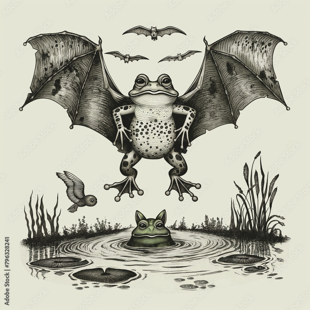 A frog with bat wings is flying above a pond, with a second frog in the ...