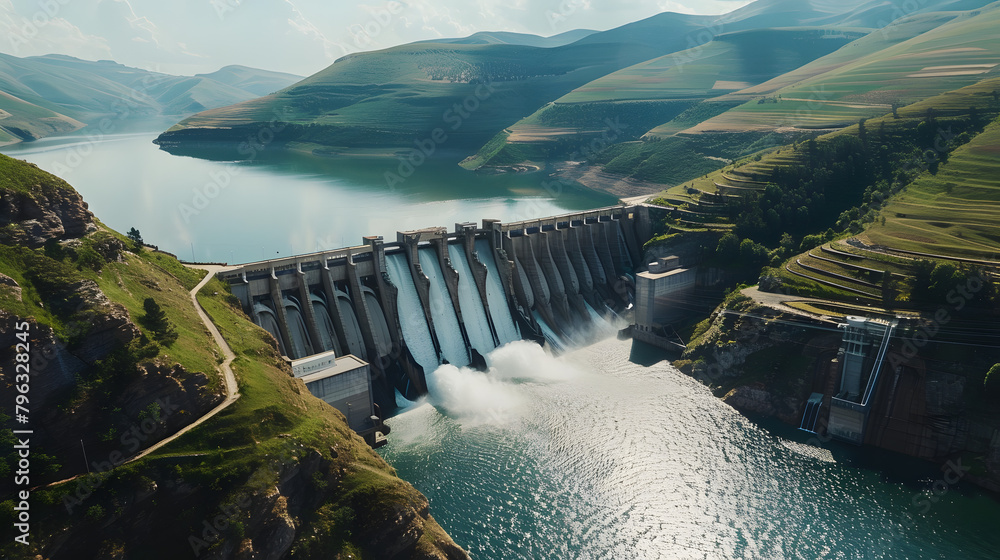 Grand dam releasing torrents of water into a valley, framed by terraced ...