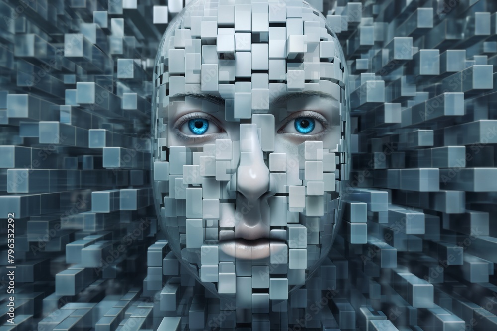 humanoid face with 3D cubes and shapes, and particles around her face ...
